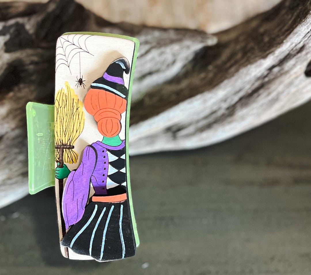 Witch With Broom Hand Painted Wood Hair Claw Clip - Etsy