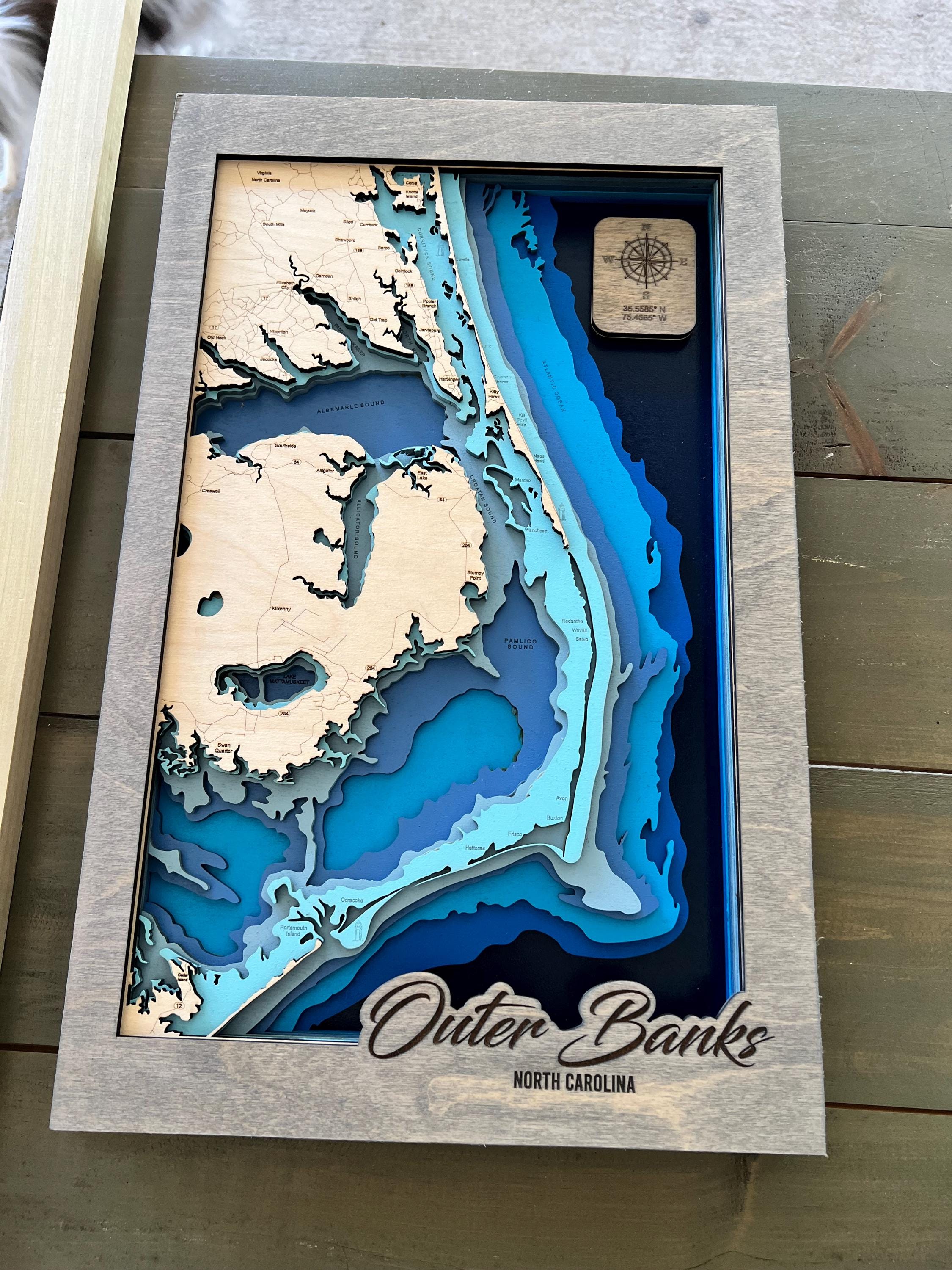 OBX Bathymetric Wood Map, Outer Banks Topographical Wood Wall Map and ...