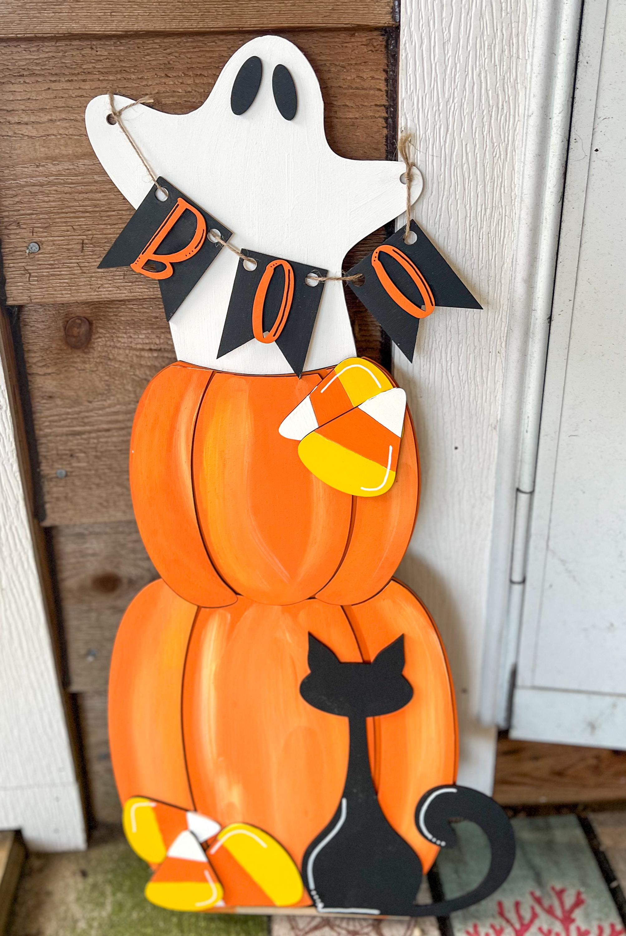 Hand Painted Halloween Porch Leaner – Birch Wood Ghost, Pumpkins, Cat ...