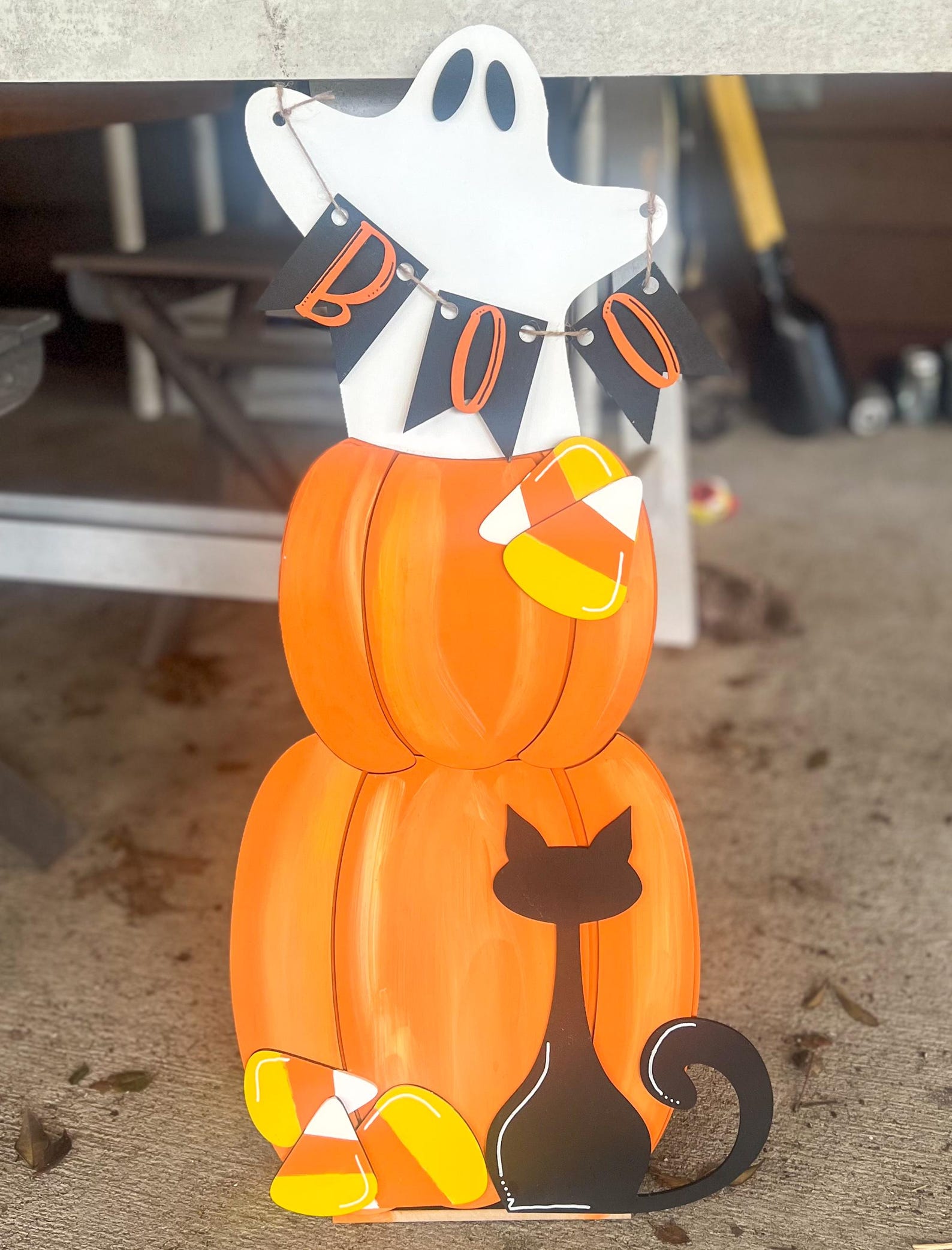 Hand Painted Halloween Porch Leaner – Birch Wood Ghost, Pumpkins, Cat ...