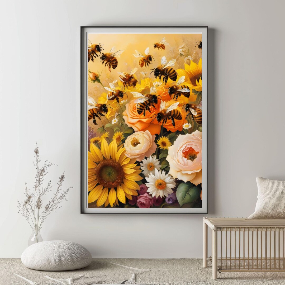 Decorative Bee Art | Vintage Block Print Style | Bee Wall Art | | Gift ...