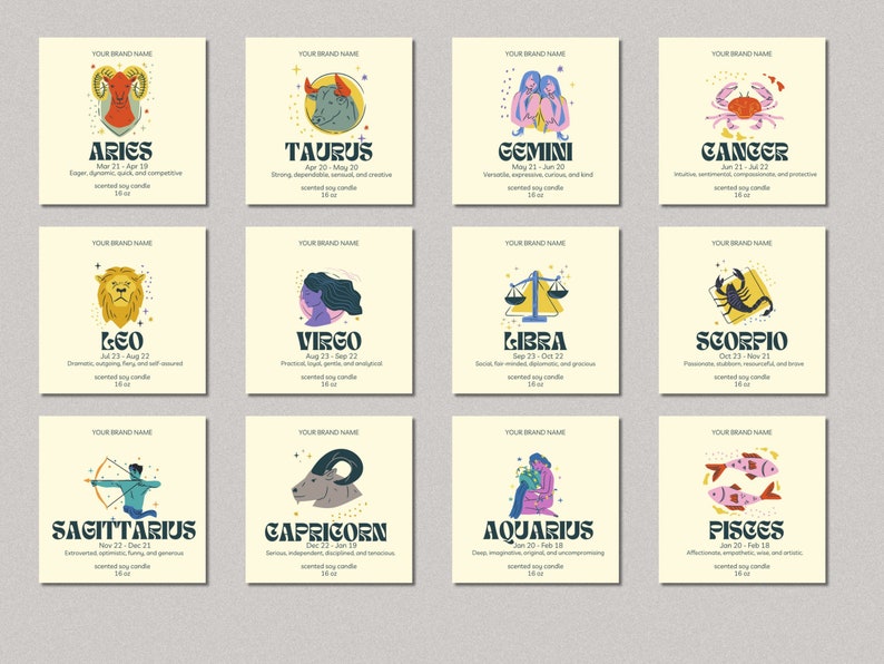 Printable Zodiac Candle Labels Template Canva, Horoscope Candle Label ...