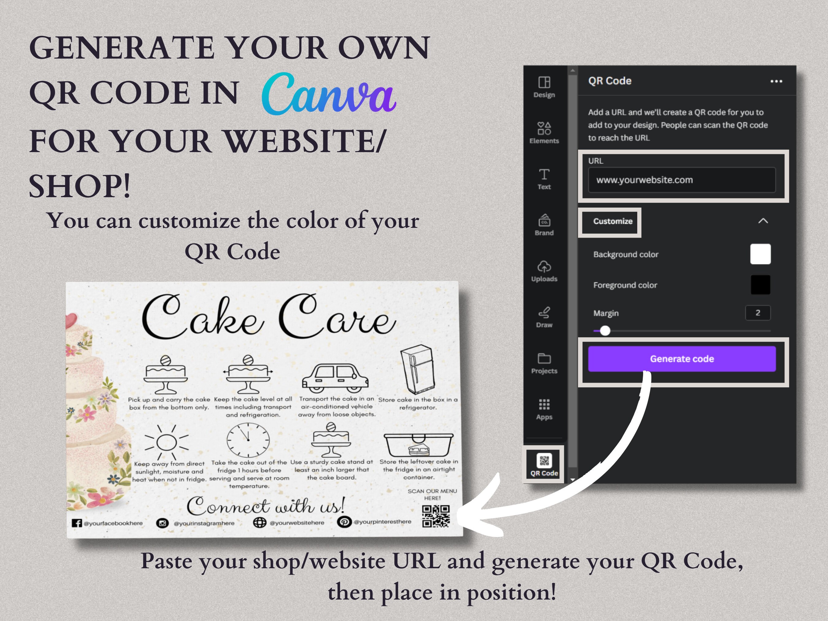 Cake Care Card Template QR Code, Printable Cake Care Guide, Cake Instructions, Instant Download ...