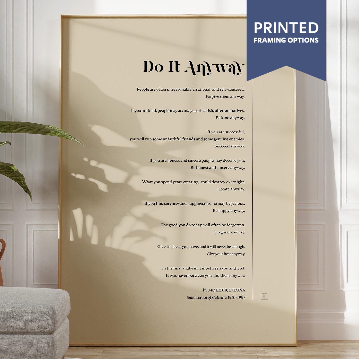 Mother Teresa Do It Anyway Poem Wall Art Christian Living Print ...