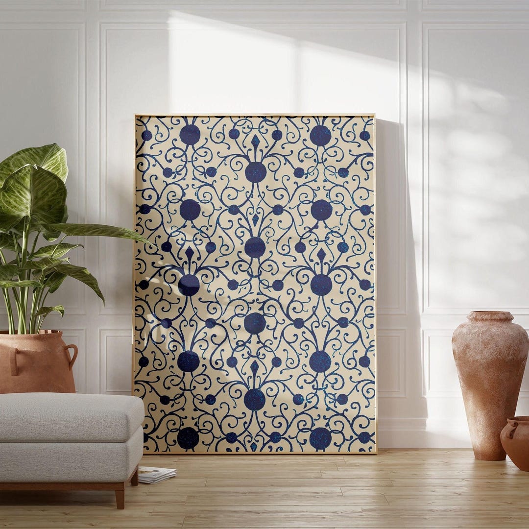 Blue Oriental Pattern Printable - Elegant Beige Wall Art, Geometric ...