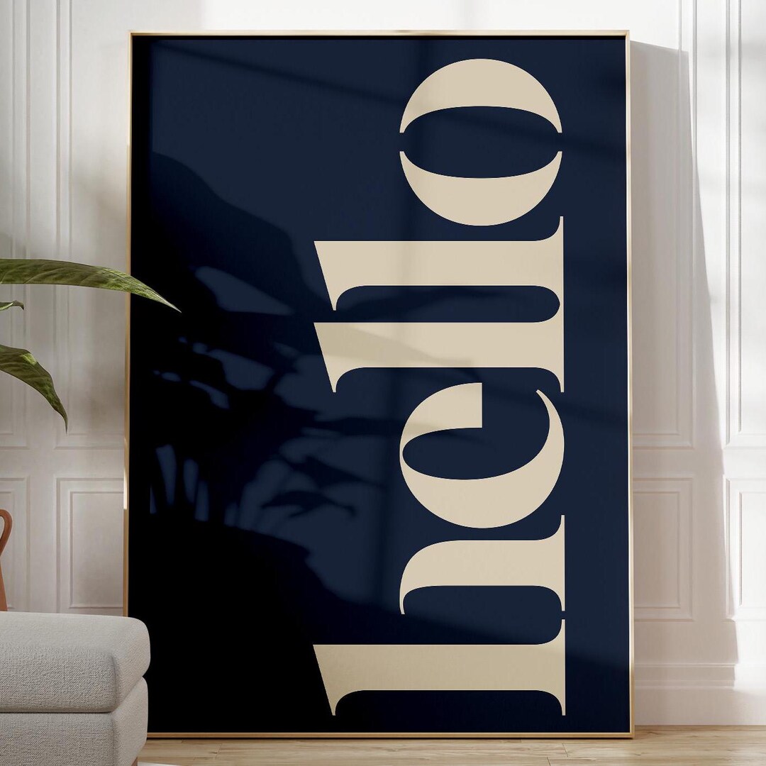 HELLO Poster Navy Blue and Cream Typography Wall Art Print | Simple ...