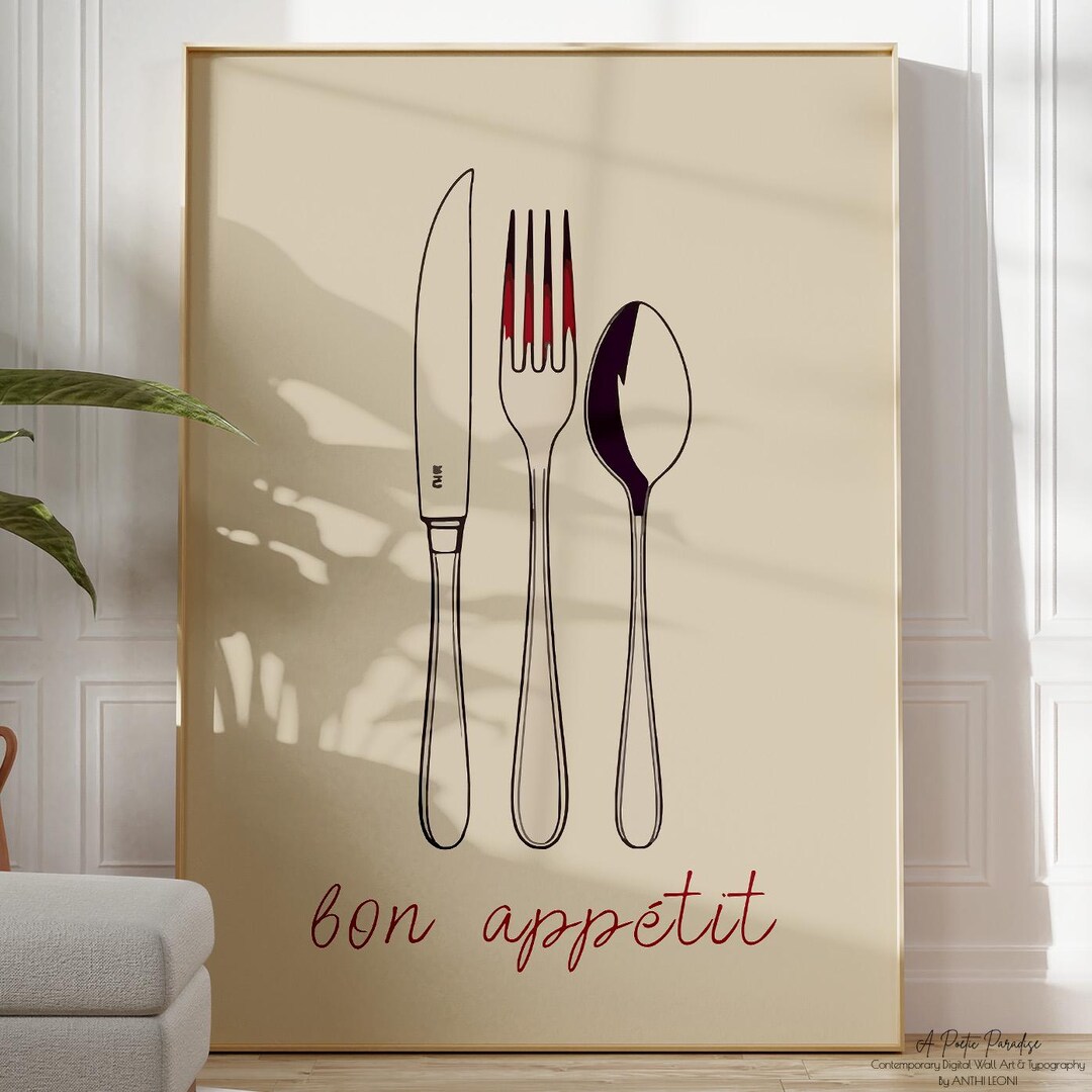 Bon Appetite Kitchen Wall Art | Cutlery Illustration Knife Fork Spoon ...