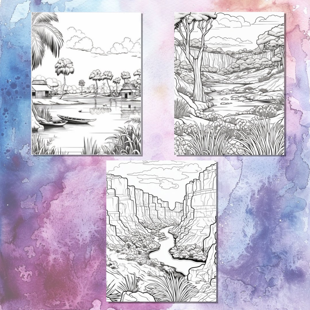 50 Nature Scenery Coloring Pages, Digital Download, Beautiful Landscape ...