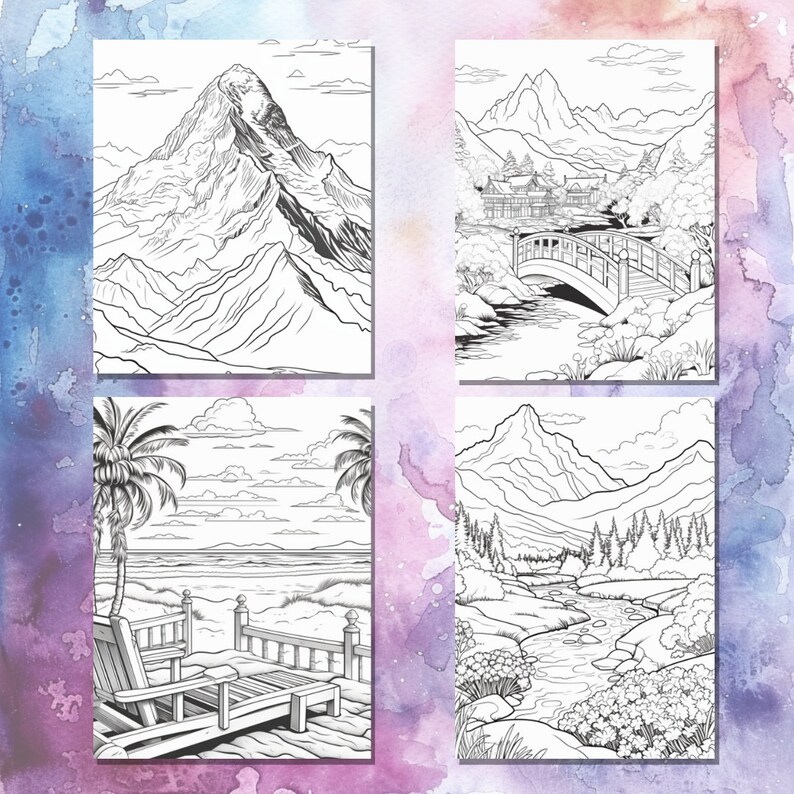 50 Nature Scenery Coloring Pages, Digital Download, Beautiful Landscape ...