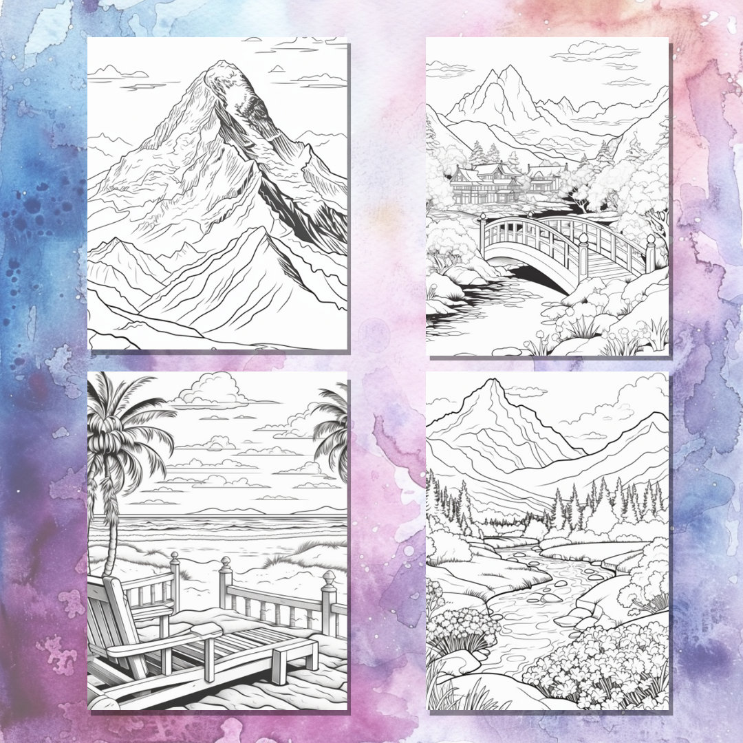 50 Nature Scenery Coloring Pages, Digital Download, Beautiful Landscape ...