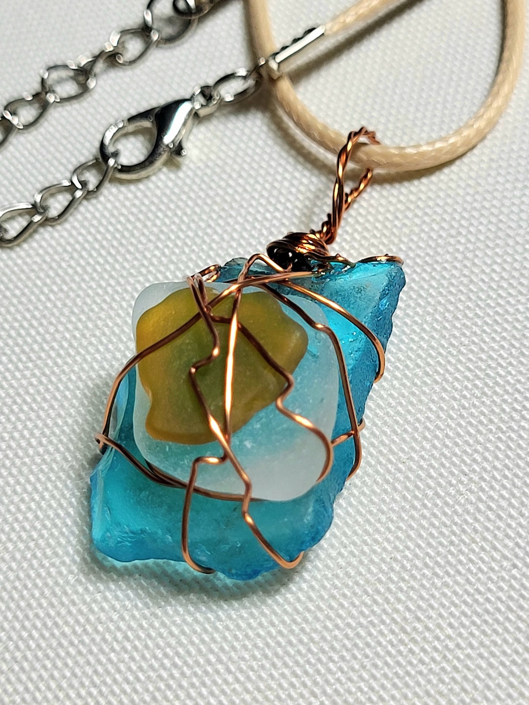 Wire Wrapped Sea Glass Unisex Pendant Necklace With Included Adjustable ...