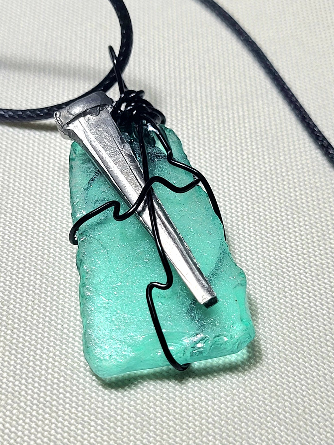 Wire Wrapped Sea Glass Unisex Pendant Necklace With Faux Coffin Nail ...