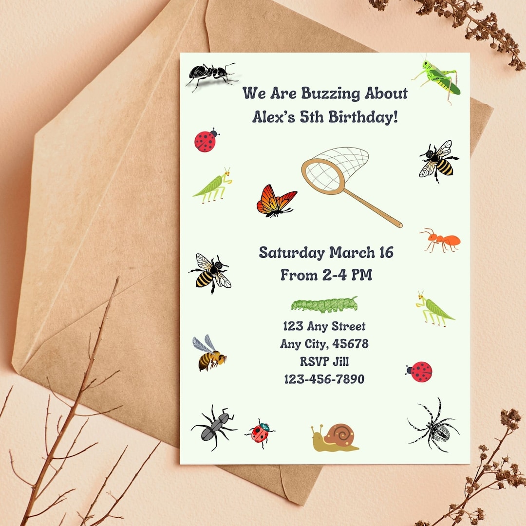 Editable Invitation buzzing About Child's 5th Birthday Crawly Bugs ...