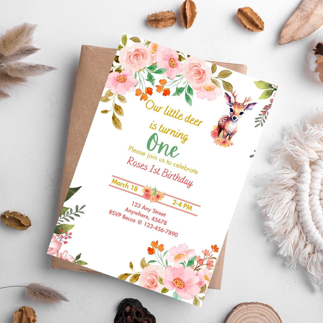 Editable Deer One 1st Birthday Girl Floral Invitation Template With ...