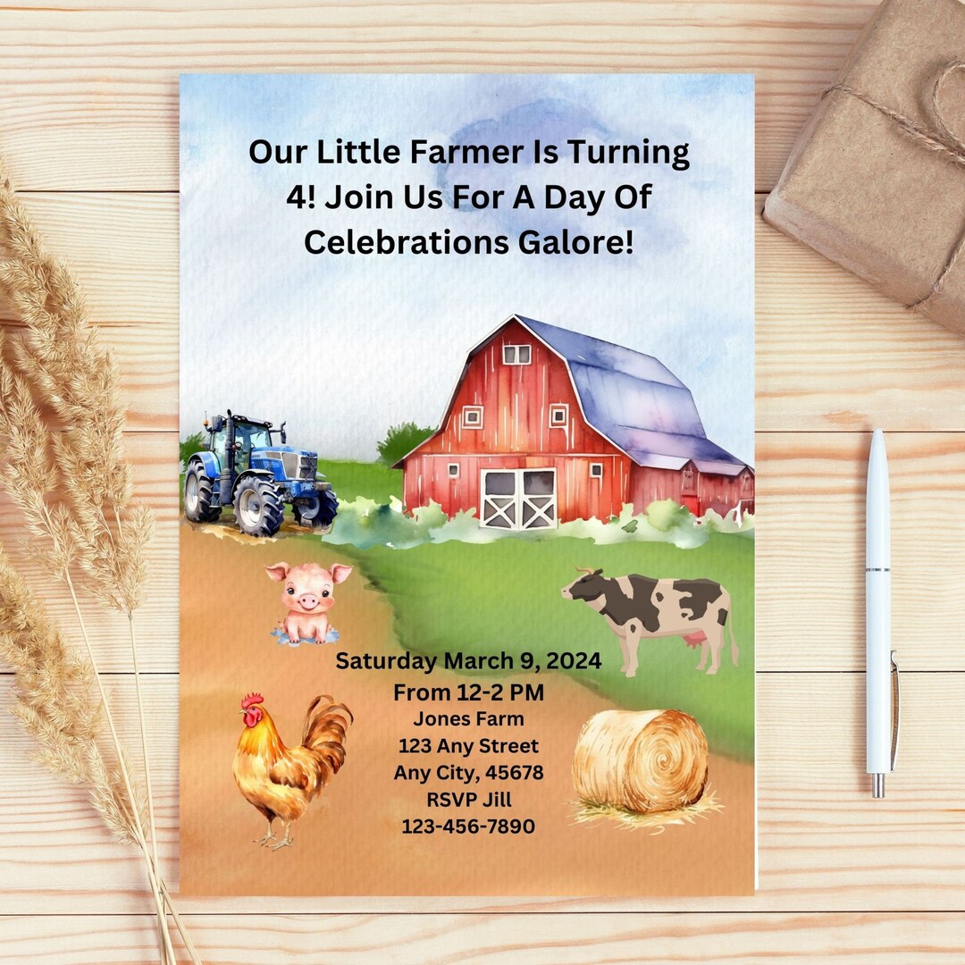 Editable Download little Farmer 4th Birthday With Farm, Tractor, and ...