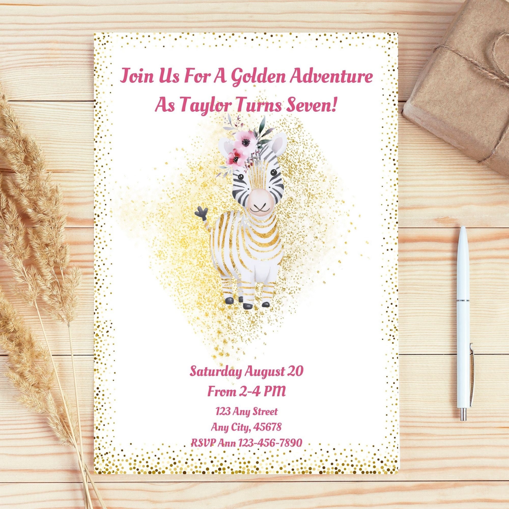 Editable Printable golden 7th Birthday Zebra With Gold Glitter ...