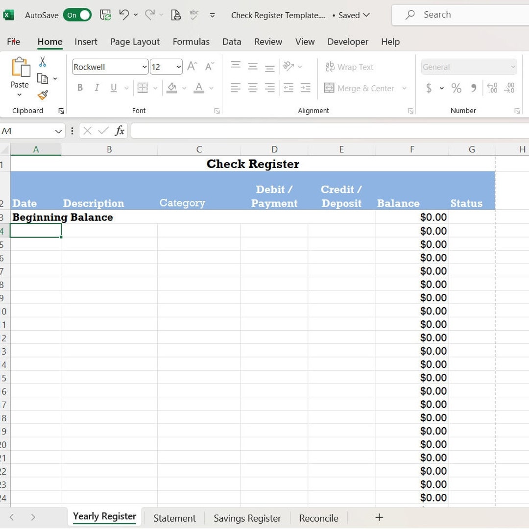Template Check Register, Excel, Google Docs, Statement, Reconcile ...