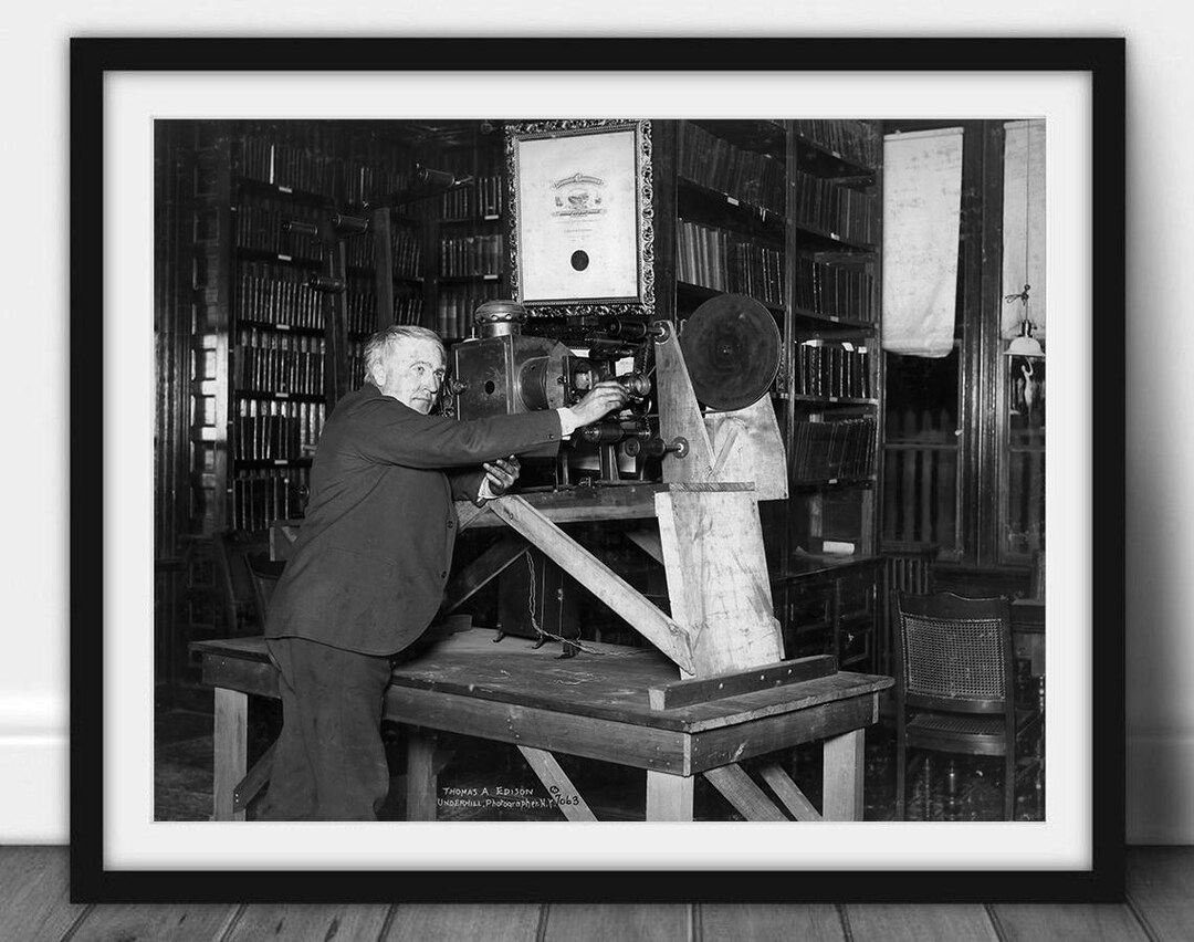 Thomas Edison With the First Film Projector Black White Photo ...