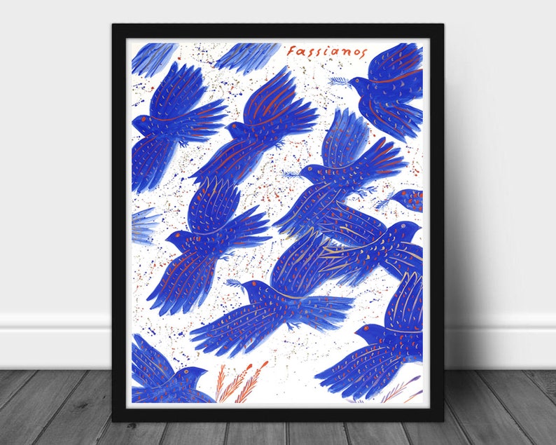 Fassianos Blue Birds Illustration Art Poster, Black and White Photo ...