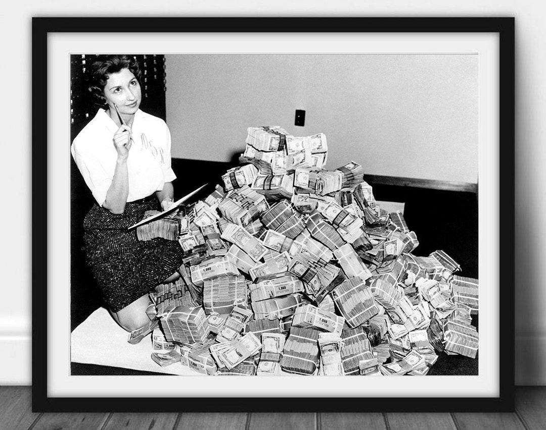 Banker Girl Counting Mountain of Cash Money, Black and White Photo ...