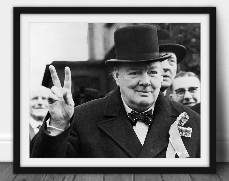1945 Winston Churchill Victory Sign Portrait, Black and White Photo ...