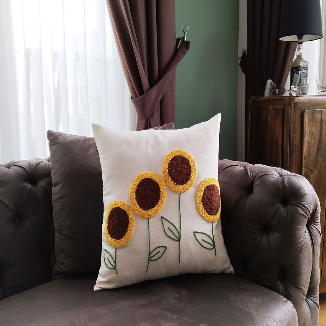 Punch Needle Sunflower Motif Cream Linen Pillow Cover,couch Pillow ...