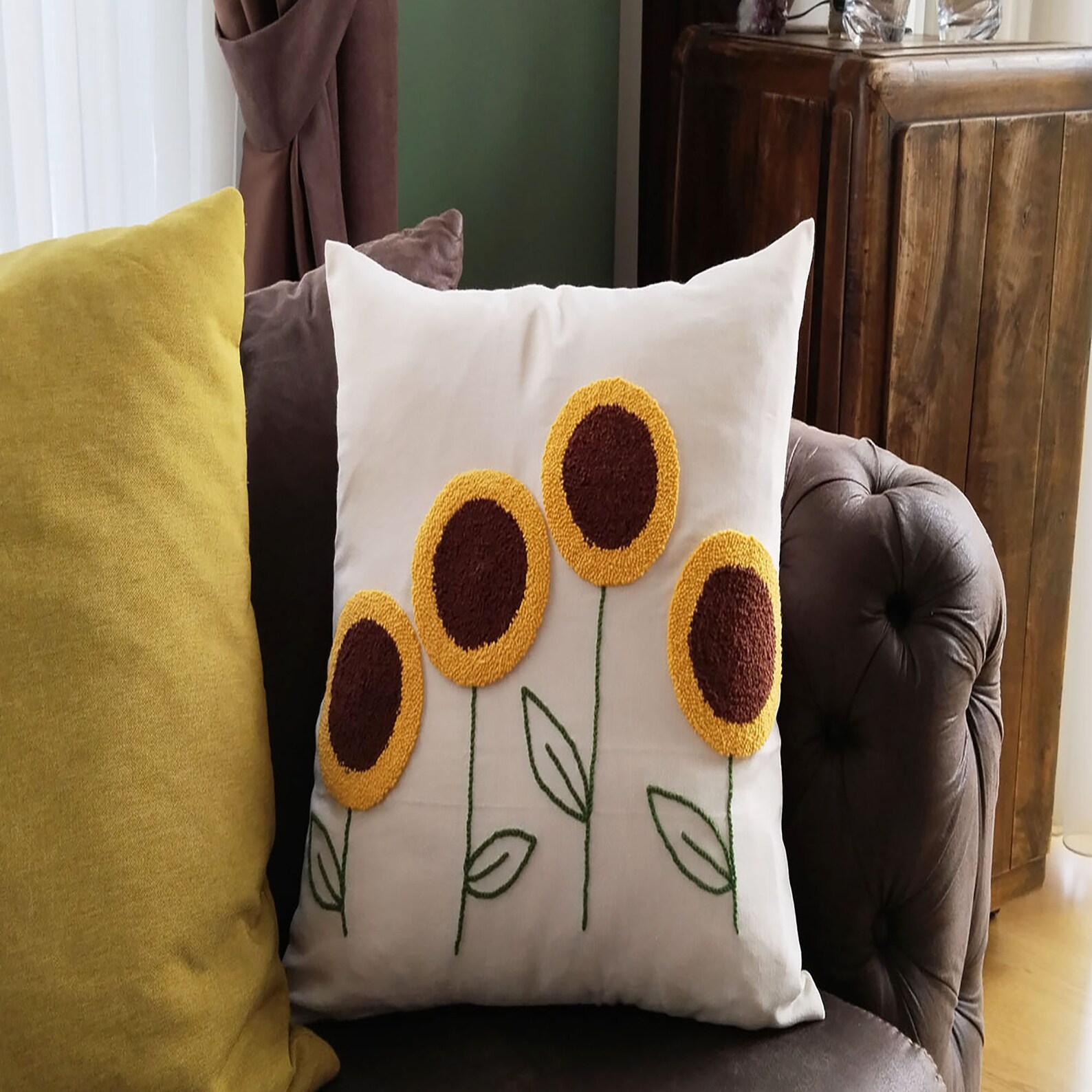 Punch Needle Sunflower Motif Cream Linen Pillow Cover,couch Pillow ...