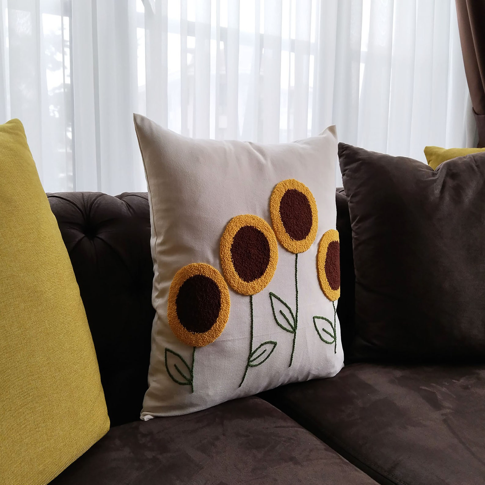 Punch Needle Sunflower Motif Cream Linen Pillow Cover,couch Pillow ...