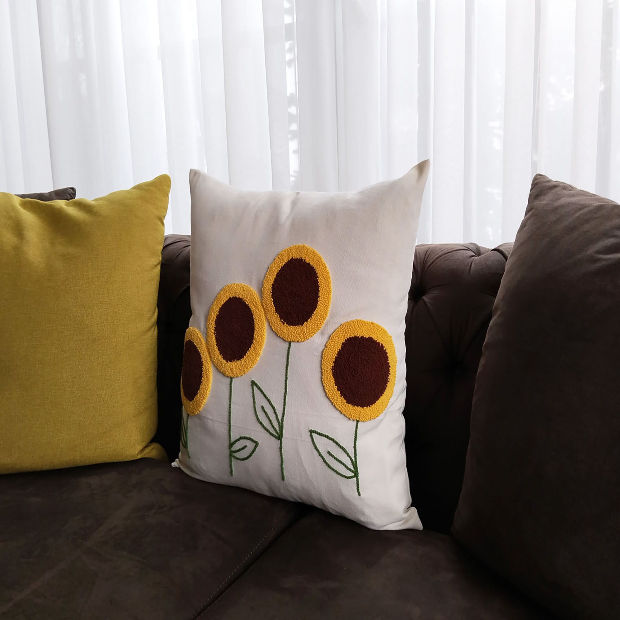 Punch Needle Sunflower Motif Cream Linen Pillow Cover,couch Pillow ...