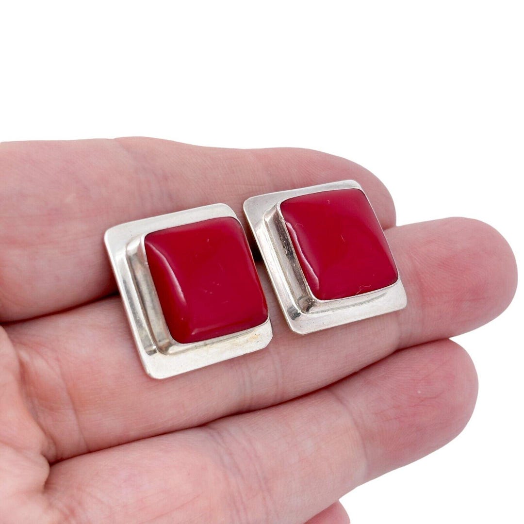 Red Jasper Square Studs | Vintage Mexico | Sterling Silver 925 ...