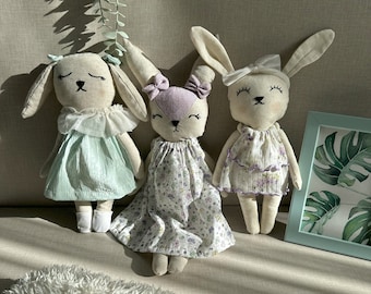Stuffed Animal Doll, Handmade Bunny Doll, Linen Soft Fabric Doll ...