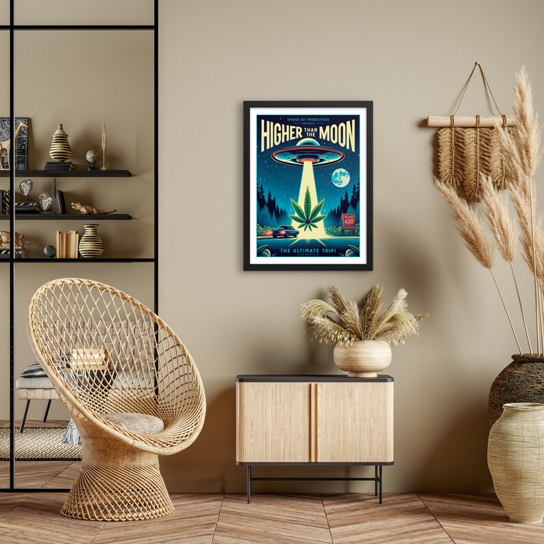 Weed Poster, Retro Higher Than the Moon Art Print, Alien Space Sci-fi ...