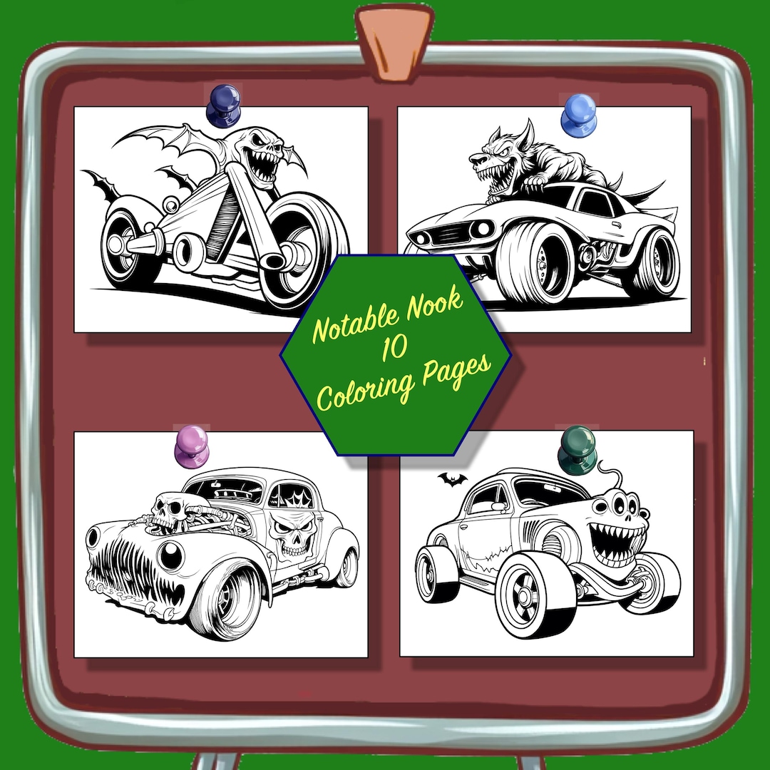 Halloween Hot Rods Coloring Pages for Ages 8 to Adult: 10 Wild and ...
