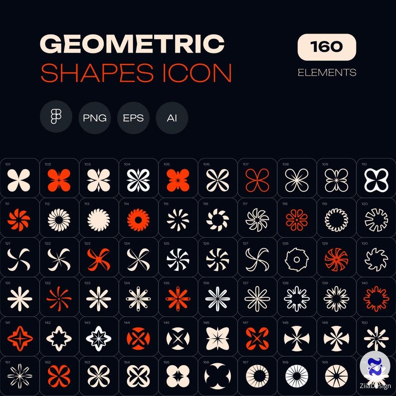 160 Icon Resource Basic Shapes Geometric Elements. Abstract Flowers ...