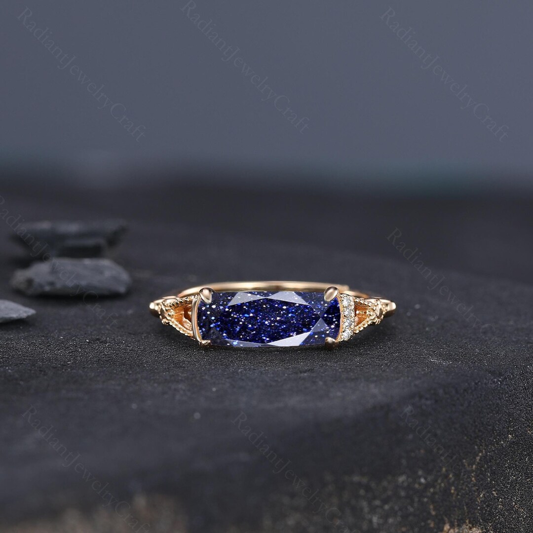 Cushion Blue Sandstone Ring Family Blue Sandstone Ring Yellow Gold Ring ...