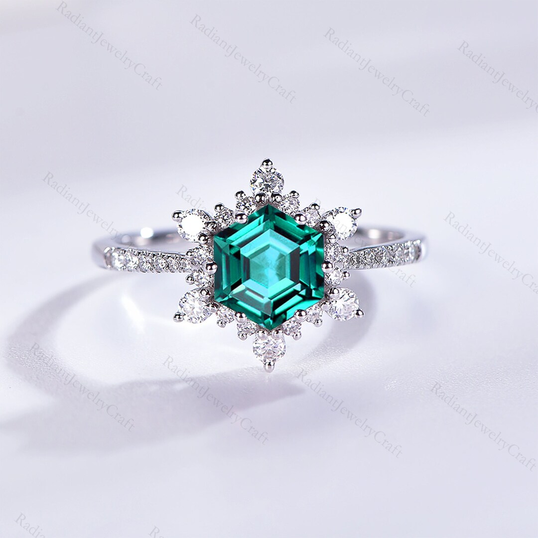 Aster Emerald Engagement Ring Sterling Silver Ring Green Gemstone Wedding Ring Promise Ring May ...