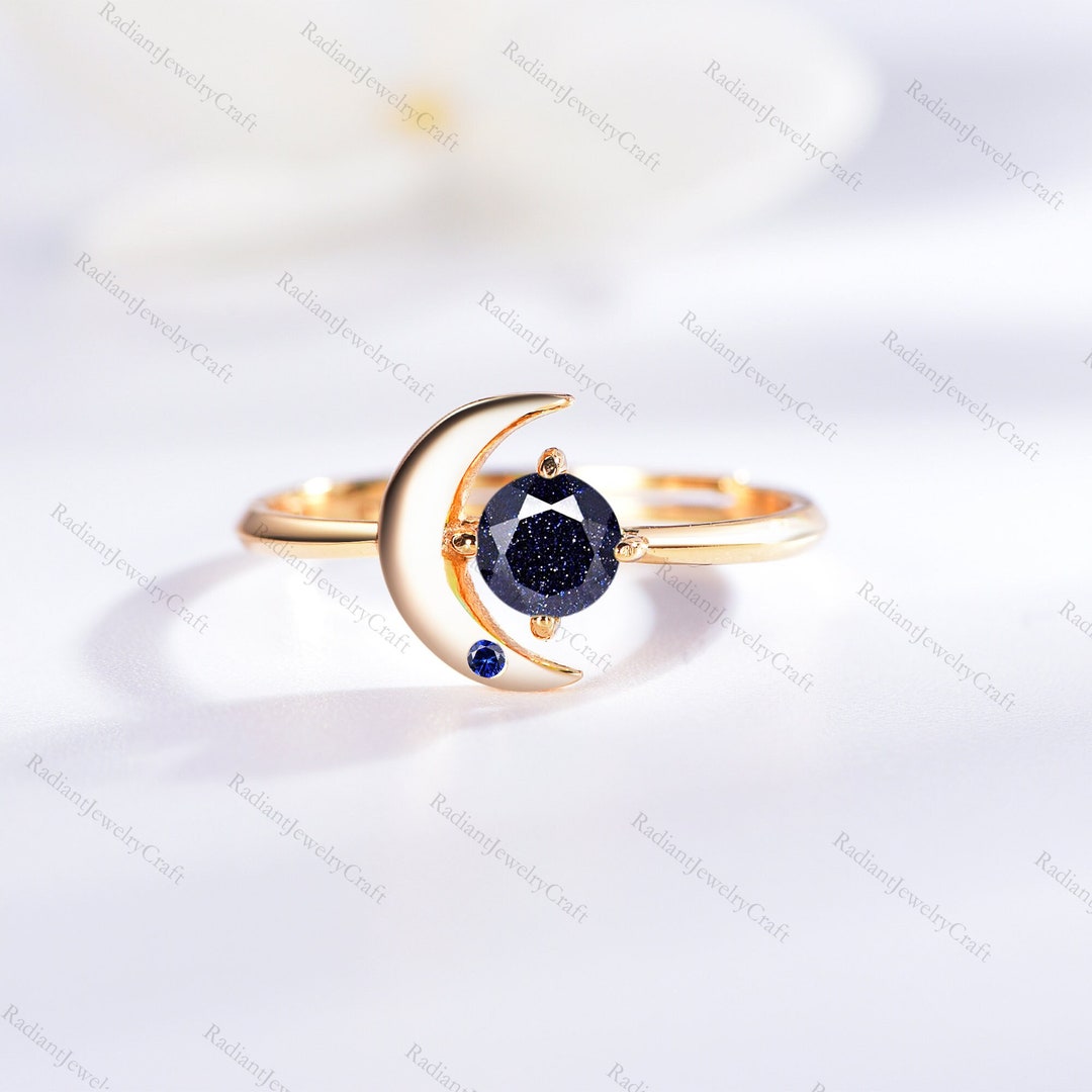 Unique Moon Star Engagement Rings Starry Sky Blue Sandstone Ring Sterling Silver Crescent ...
