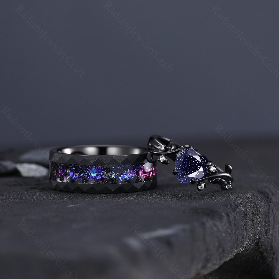 His and Hers Wedding Band Custom Space Galaxy Couple Ring Black Gold ...