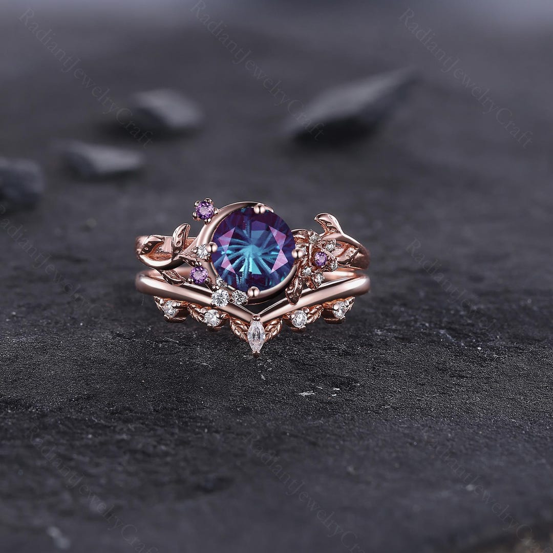 Art Deco Leaf Alexandrite Engagement Ring Sets Firework Cut Nature ...