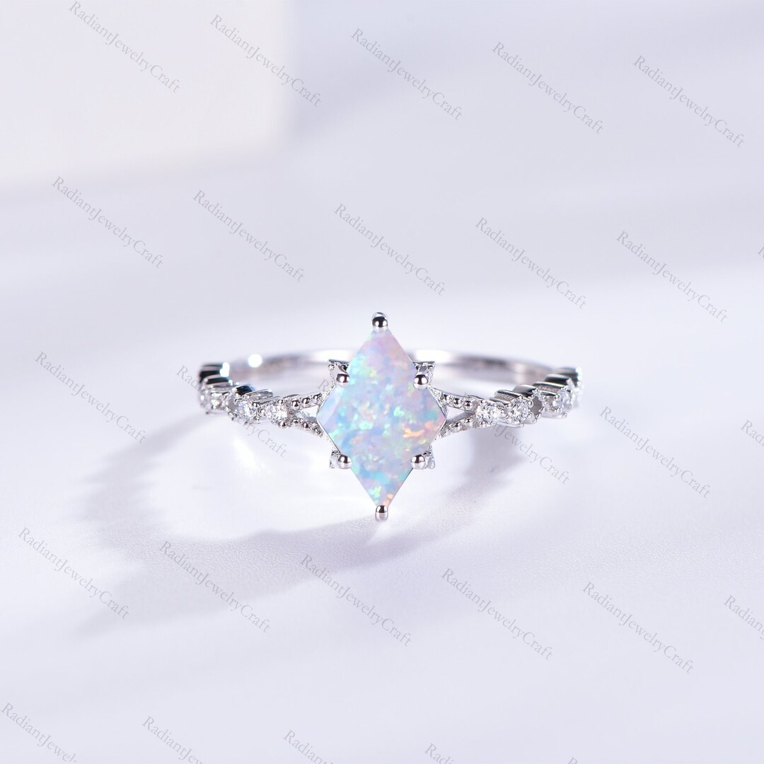 Vintage Rhombus Cut White Opal Engagement Ring 14k White Gold Kite Opal ...