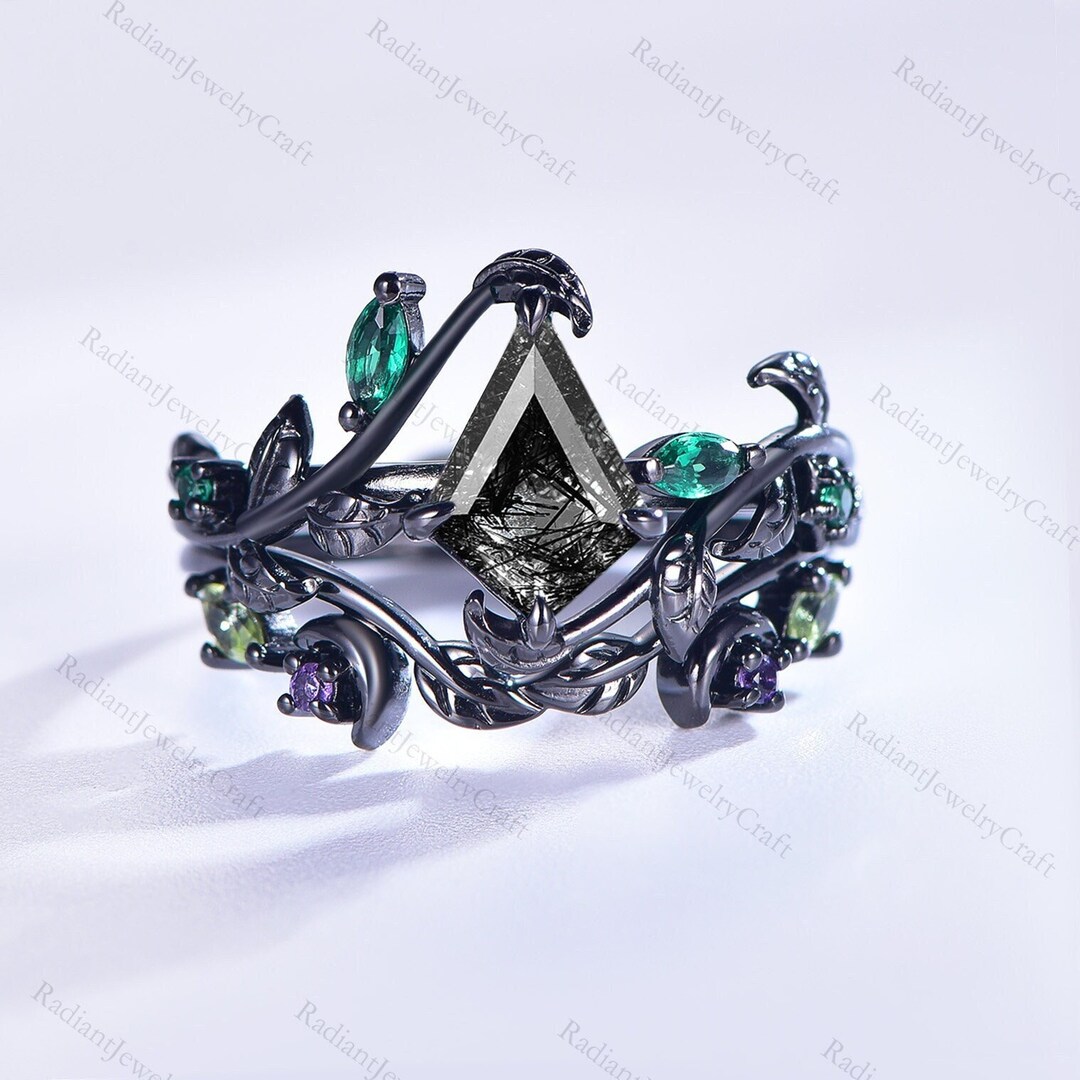 Gothic Black Gold Kite Cut Black Rutilated Quartz Engagement Ring ...
