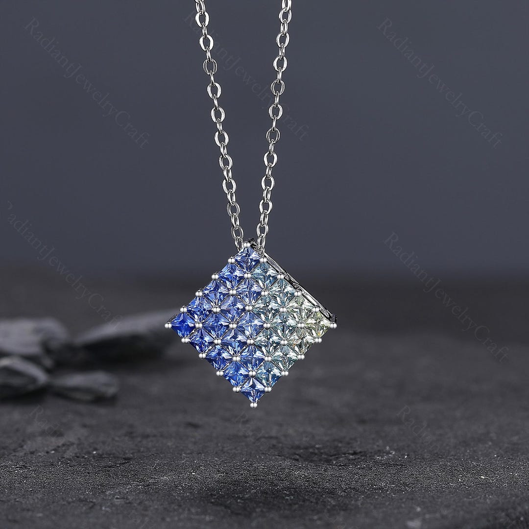 Vintage Princess Cut Colorful Gradient Sapphire Pendant Necklace 14K ...