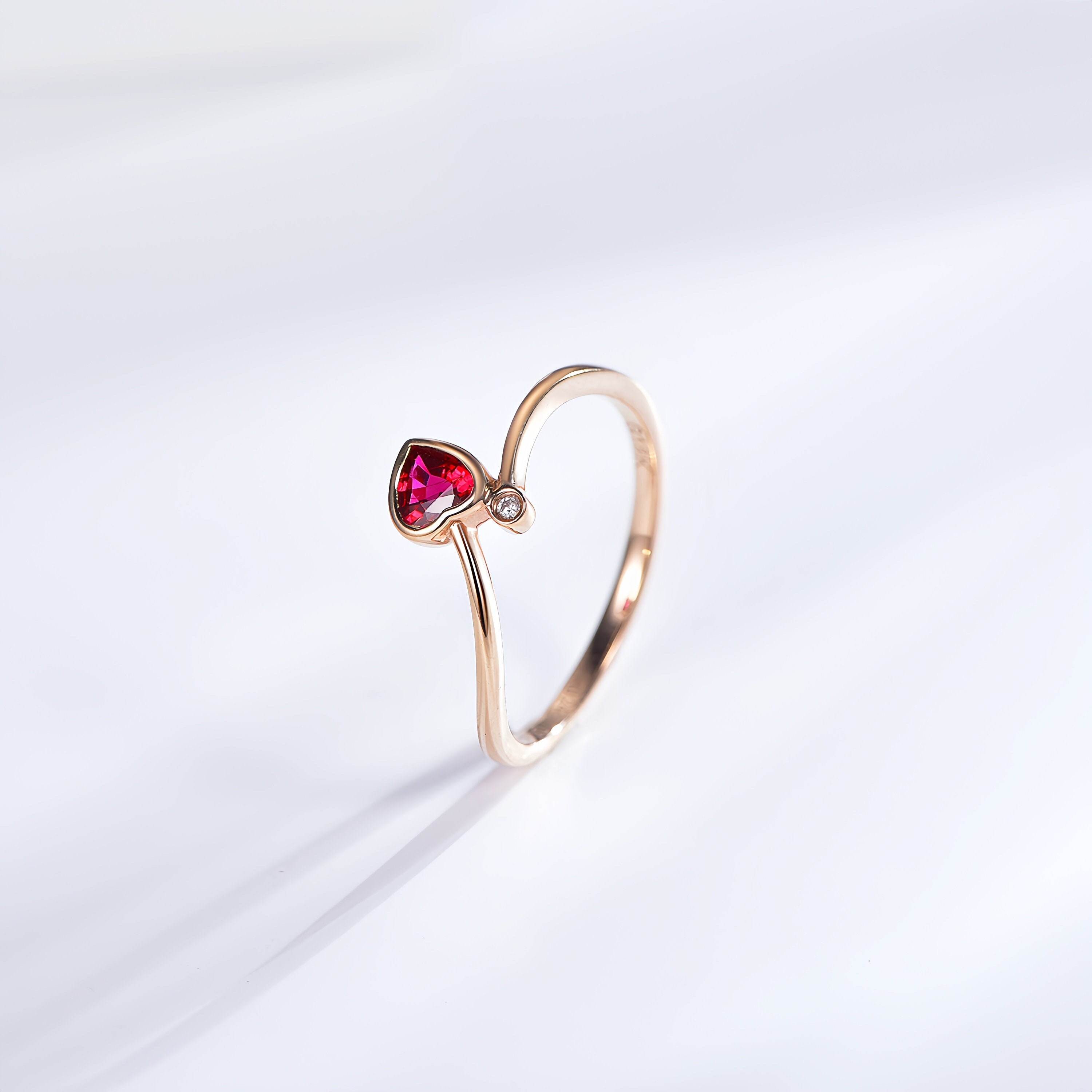 Ruby Engagement Ring Gold Heart Shaped Dainty Minimalst Stacking Wedding Ring Silver Tiny ...