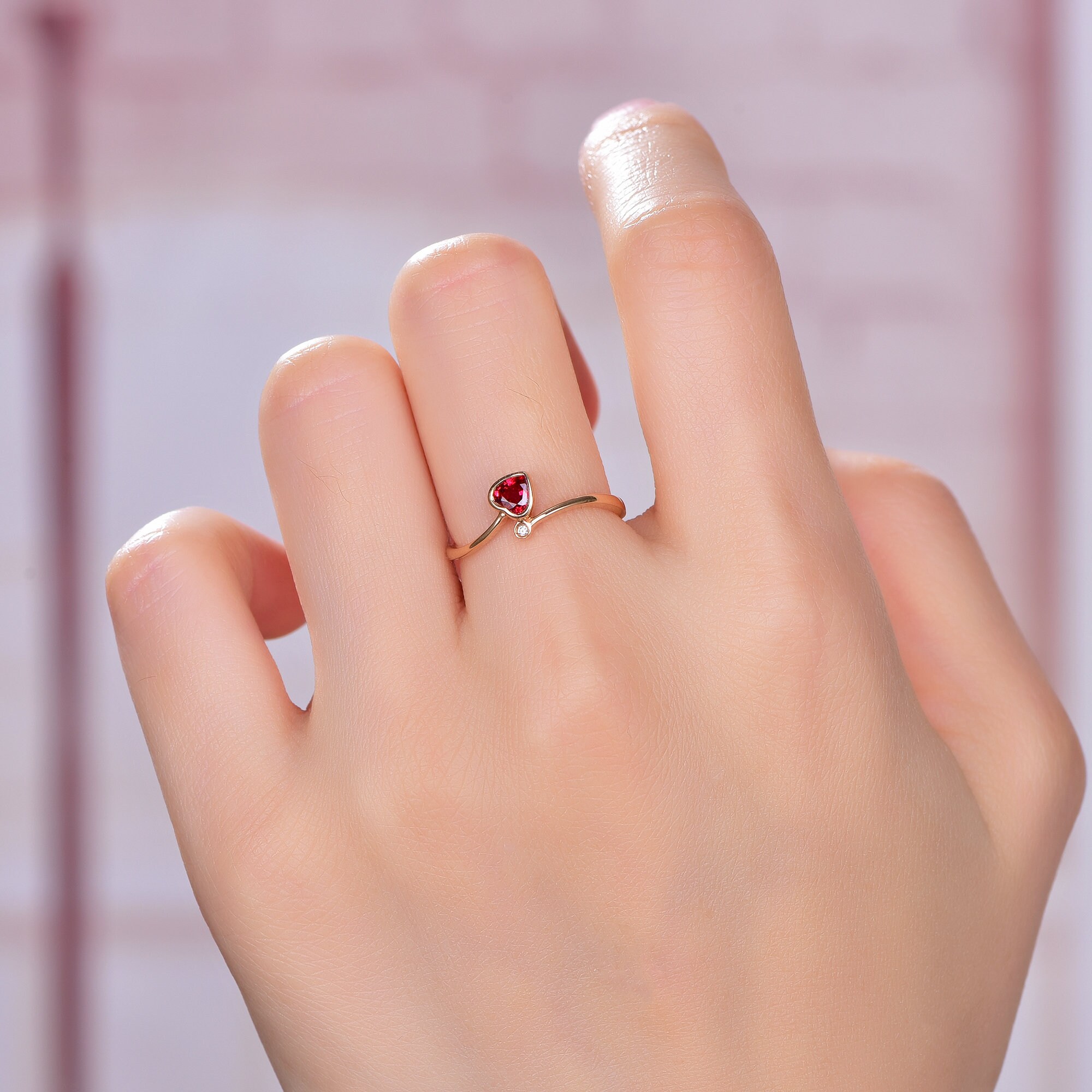 Ruby Engagement Ring Gold Heart Shaped Dainty Minimalst Stacking Wedding Ring Silver Tiny ...