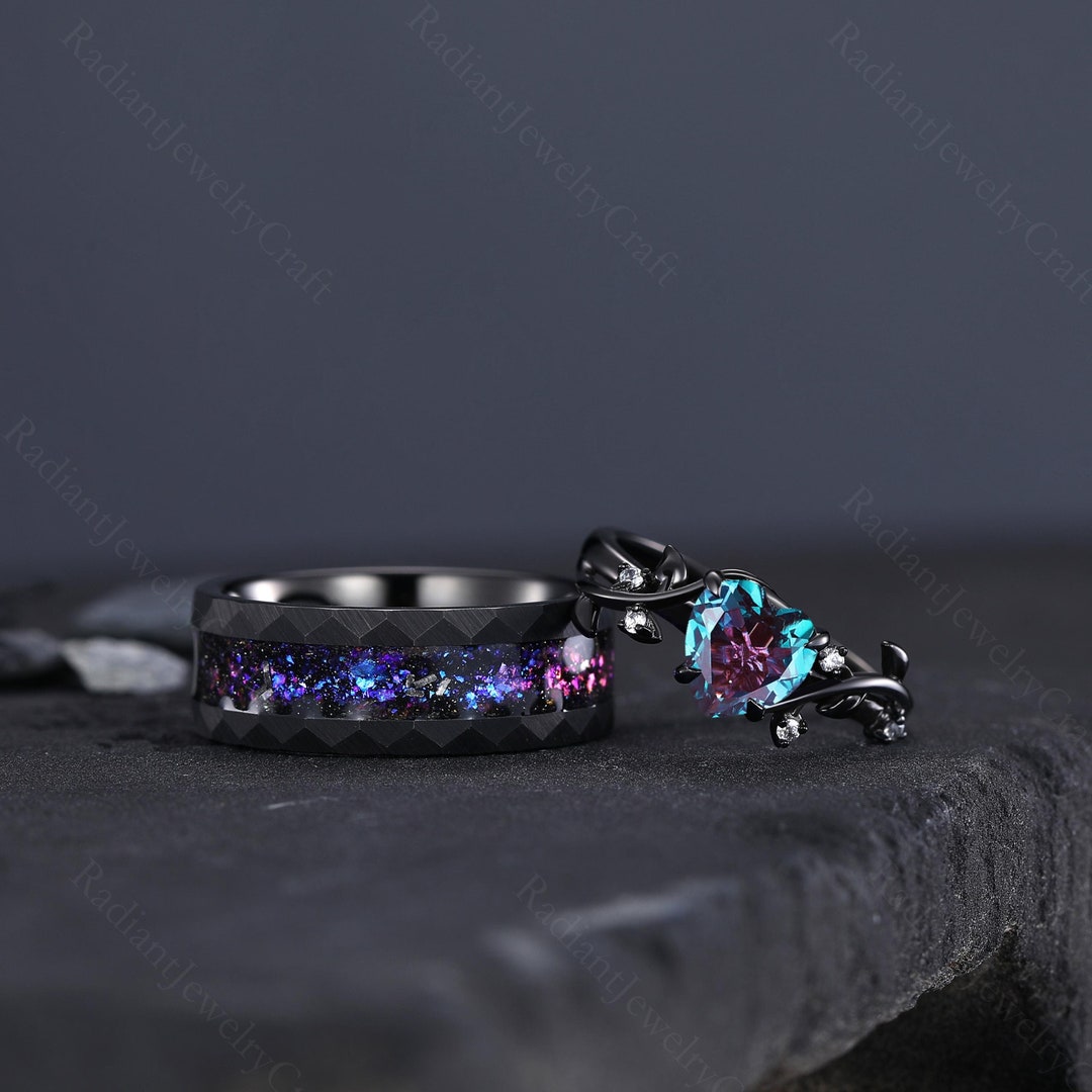 Alexandrite Heart Ring Set: Galaxy Meteorite Tungsten Wedding Bands - Etsy