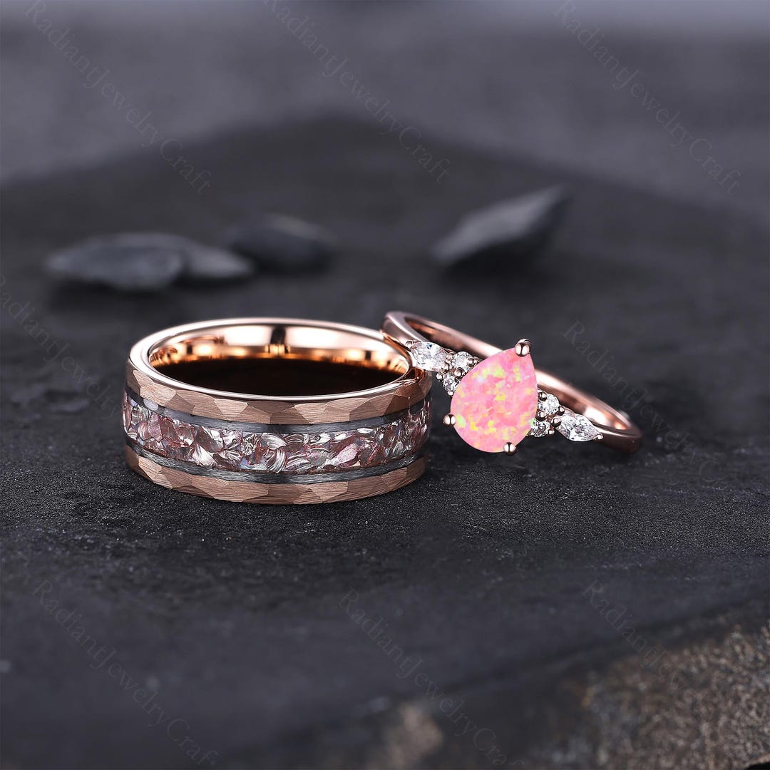 Pink Fire Opal & Rose Gold Wedding Ring Set - Hammered Tungsten Bands ...