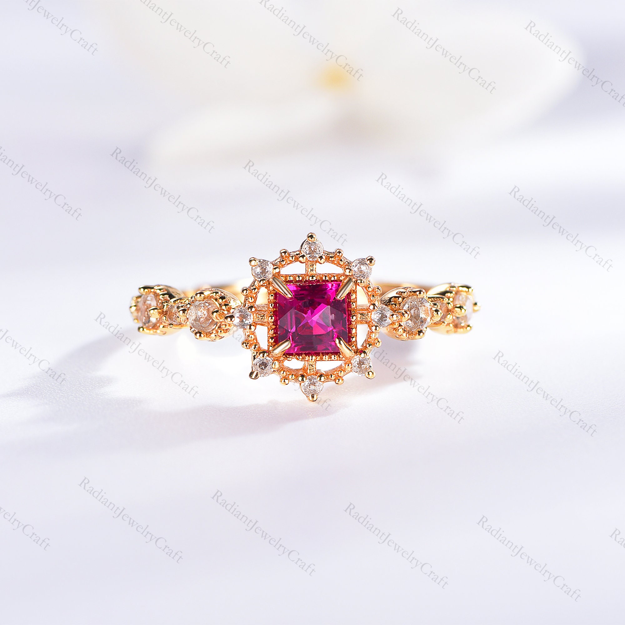 Princess Cut Ruby Ring Sterling Silver Gemstone Engagement Ring for ...