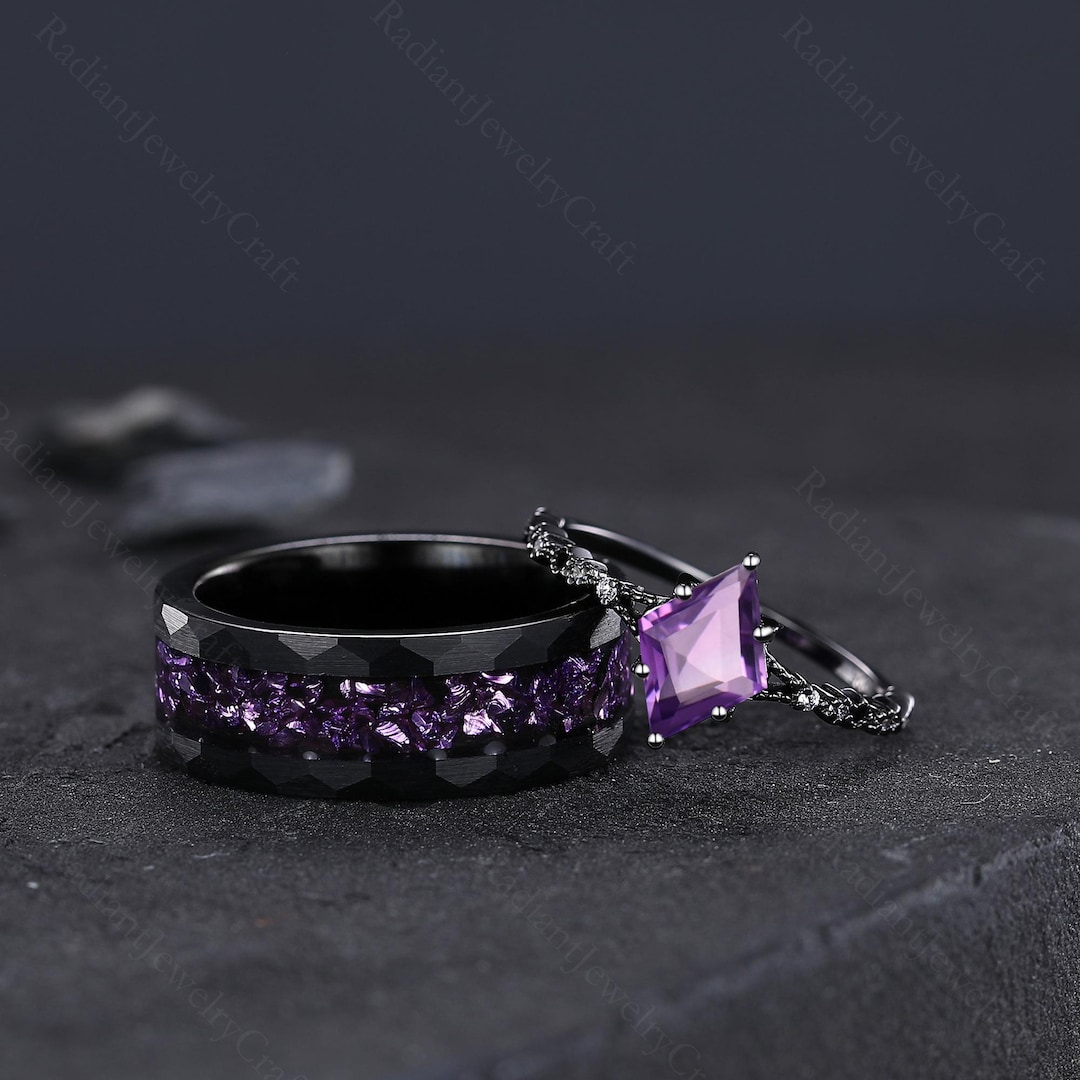 Amethyst Engagement Ring Set: Rhombus Cut, Tungsten Carbide Wedding ...