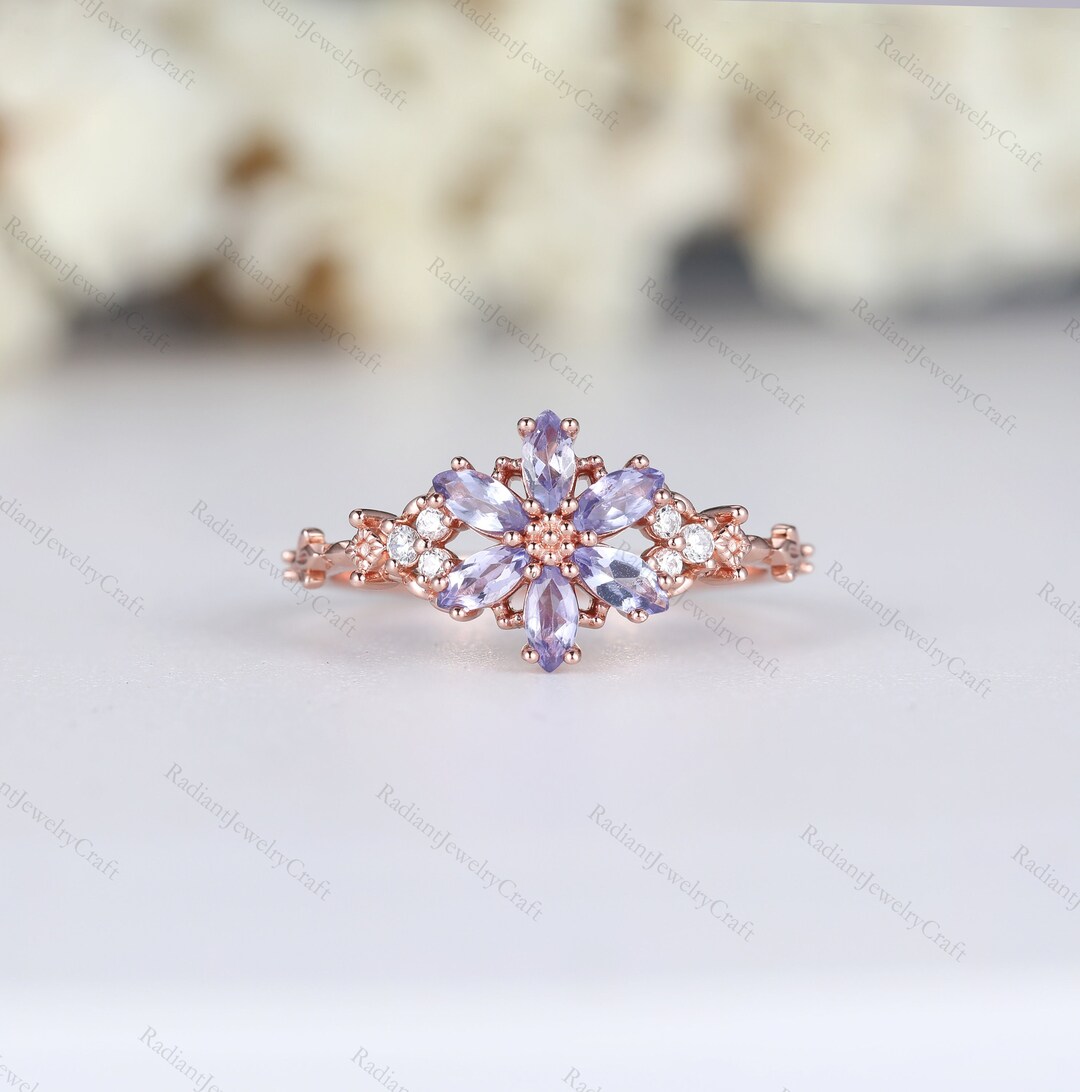 Gemstone Flower Ring, Art Deco 14K Gold Ring, Opal Ring, Gold Tanzanite ...