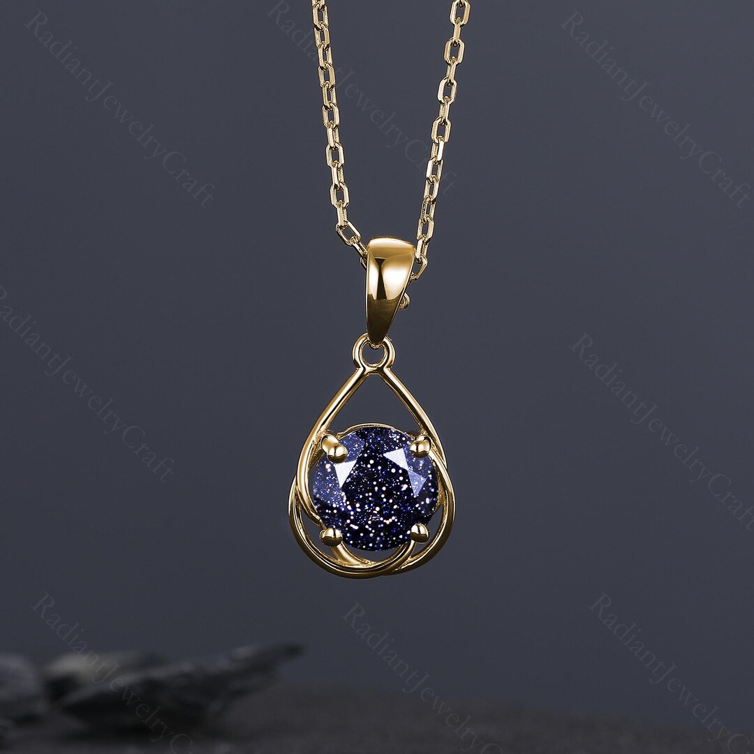 Vintage Blue Sandstone Pendant Yellow Gold Classic Necklace Solitaire ...